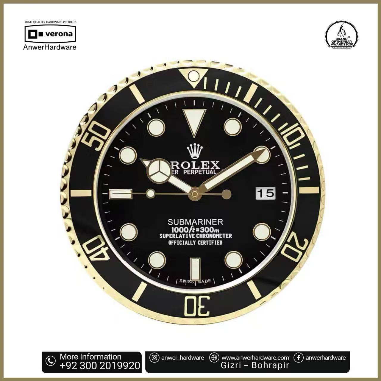 Rolex Wall Clock–Submariner Gold-Black ⋆ Anwer Hardware