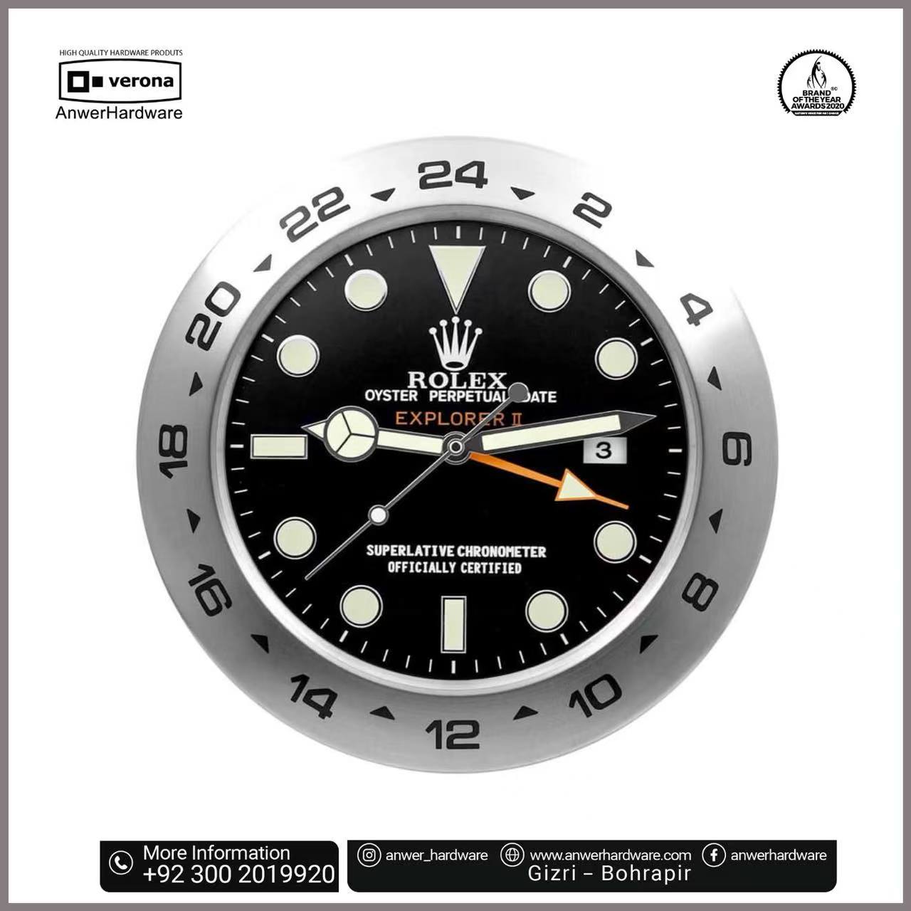 Rolex Explorer II Style Wall Clock–Black Dial-Brushed Stainless Bezel ⋆ ...